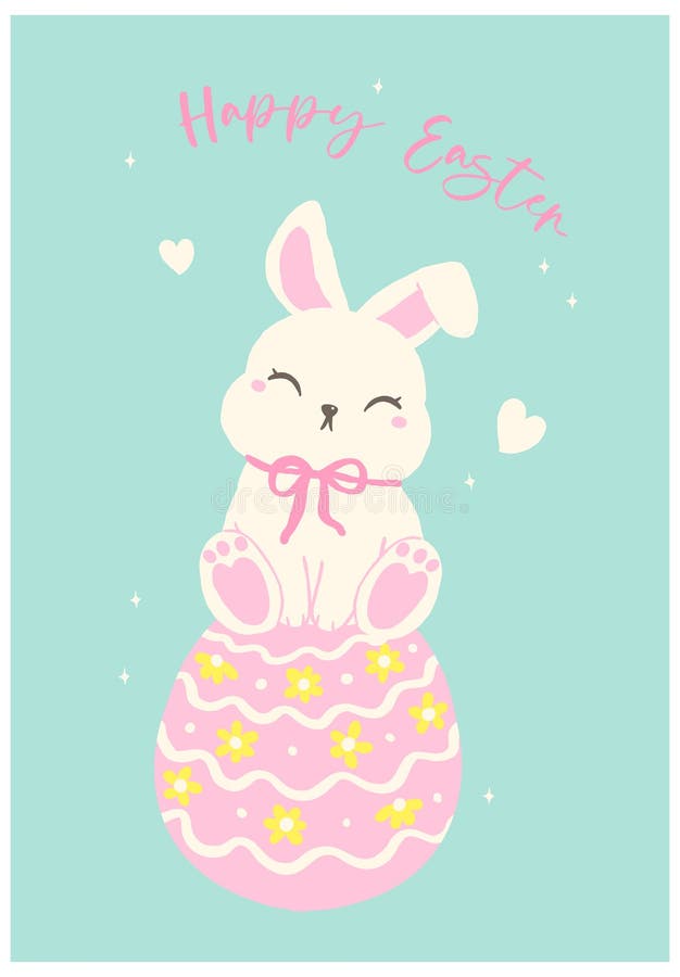 Coquette Happy Easter Bunny on Egg Whimsical Rabbit Cartoon Flat Design ...