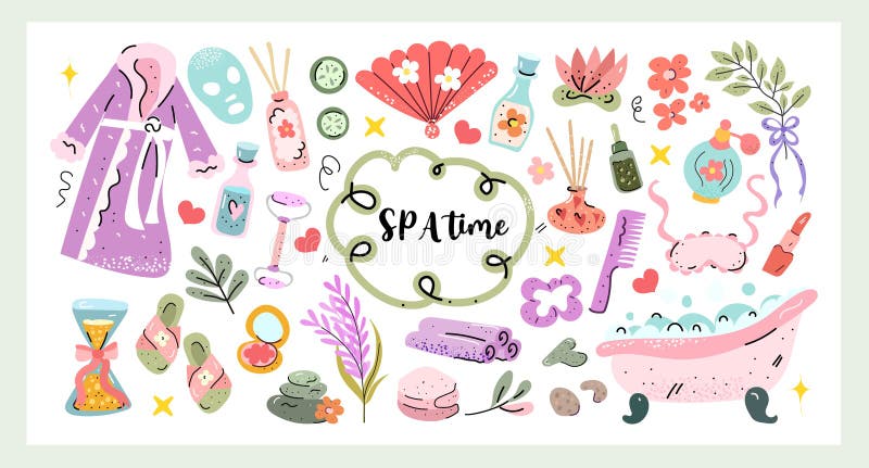 Coquette Spa Time Set a Soft Hand-drawn Vector Collection with Spa and ...