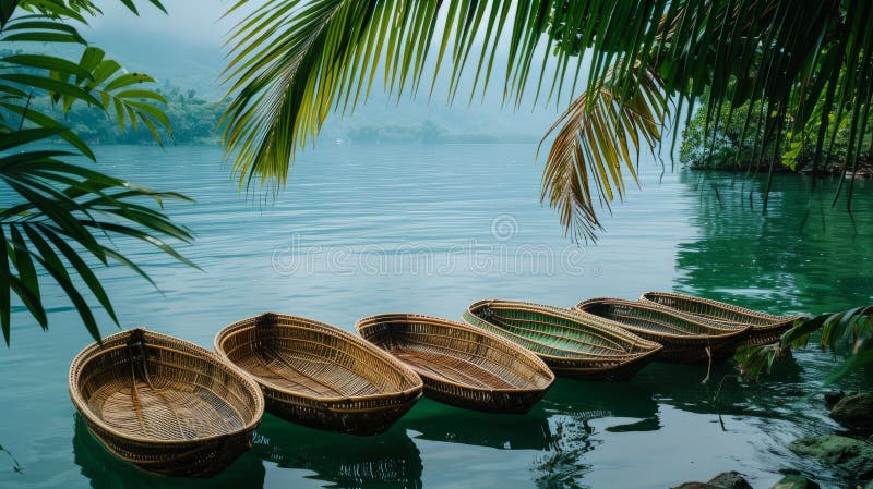 Coracles Made of Palm Leaves Lined Up by a Tranquil Lake Surrounded by ...