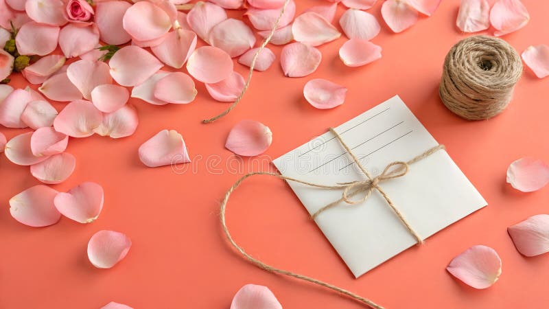 Coral Background with Space for Text and Light Pink Rose Petals. Thread Around a Note Sheet ...