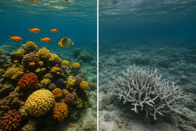 Before and after Coral Bleaching - Vibrant Reef Vs. Dead Coral Impact ...