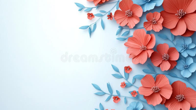 Coral and Blue Paper Flowers Floral Design Stock Illustration ...
