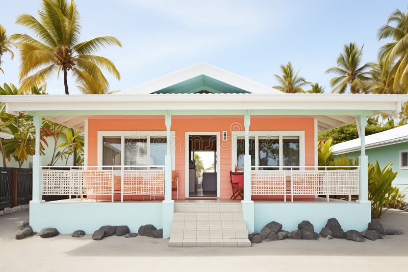 Coral Exterior Beachside Cottage with Palm Trees Around Stock ...
