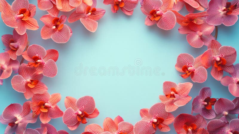 Coral Pink Orchid Frame on Blue Background Stock Illustration ...