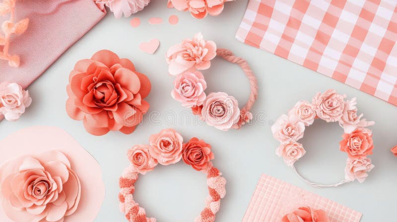 Coral and Pink Paper Flower Crafts: Flat Lay Stock Illustration ...