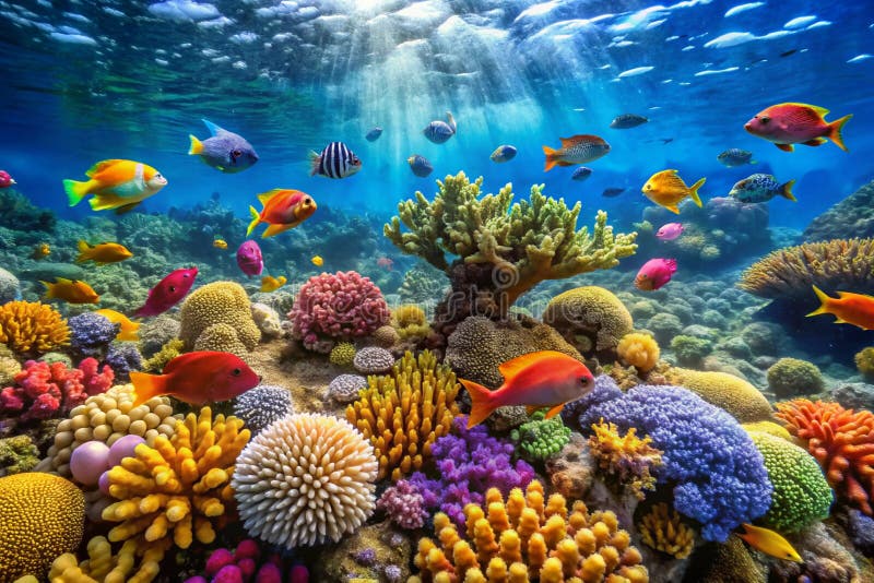 Coral Reef with Colorful Fish and Clear Blue Water Stock Illustration ...