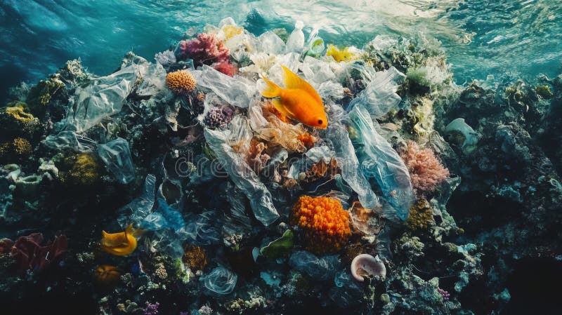 A Coral Reef Drowned in Plastic Waste with a Single Fish Swimming Stock ...