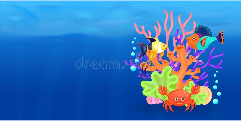 Coral Reef, Fish, Shells and Crab. 3d Vector Cartoon Illustration Stock ...