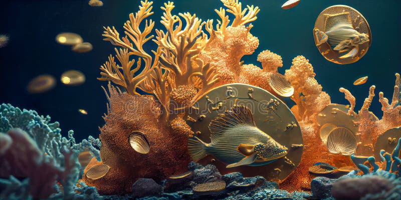 Coral Reef and Gold Coins the Sea Stock Illustration - Illustration of ...