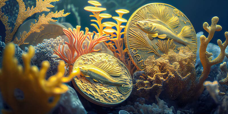 Coral Reef and Gold Coins the Sea Stock Illustration - Illustration of ...