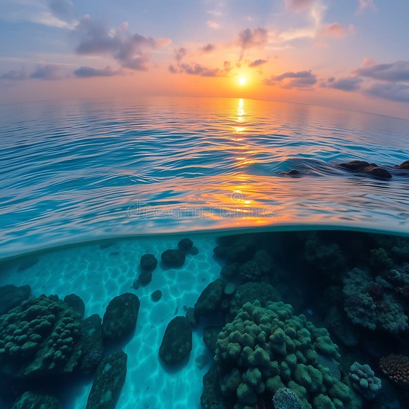 Coral Reef in Maldives with Dawn Light Stock Illustration ...