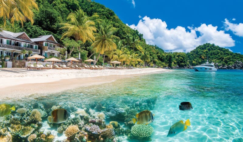 Coral Reef and Coral Reef - Split-Screen with Waterline Stock Photo ...