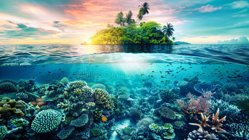 A Coral Reef Stretches Beneath the Oceans Surface, with a Tropical ...