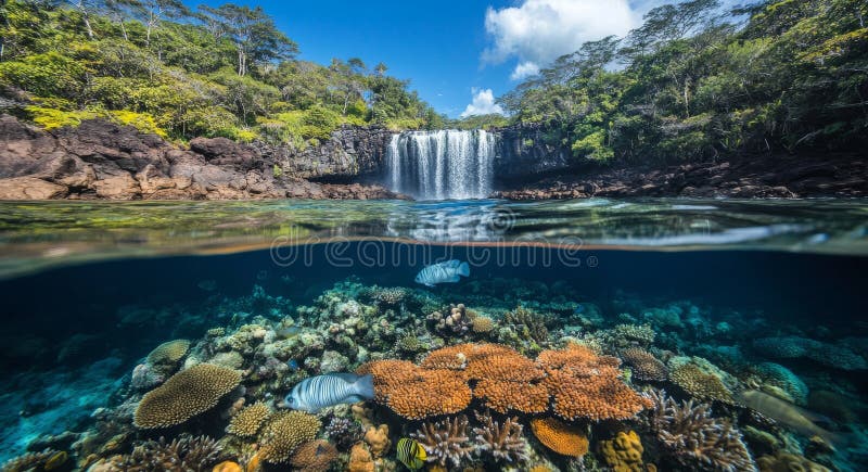 A Coral Reef and Turquoise Water are the Backdrop for a Waterfall, with ...