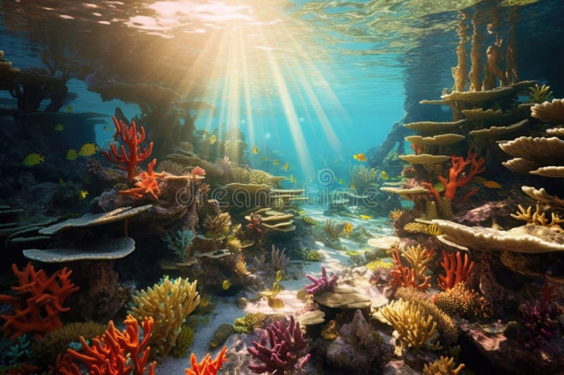 Coral Reefs Casting Shadows on the Ocean Floor in Sunlight Stock ...