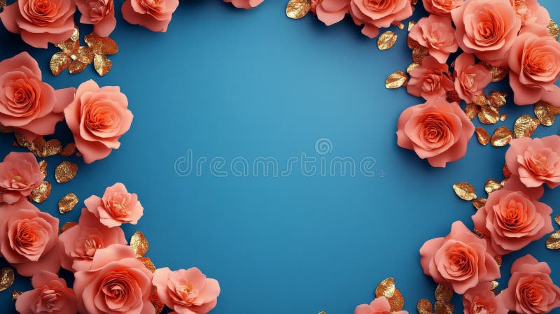 Coral Roses and Gold Accents Frame a Blue Background Stock Illustration ...
