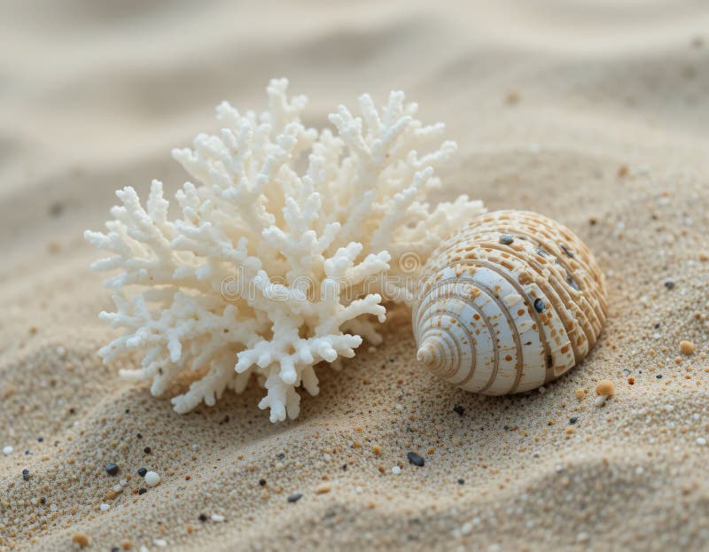 Coral with Seashells on Sandy Beach Scene Stock Image - Image of ...