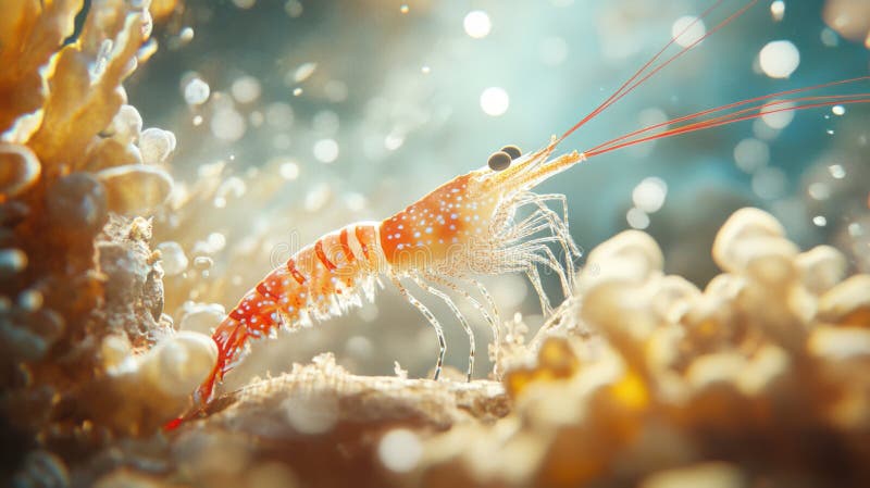 Coral Shrimp on Reef with Floating Microplastics, Vibrant Life Amid ...