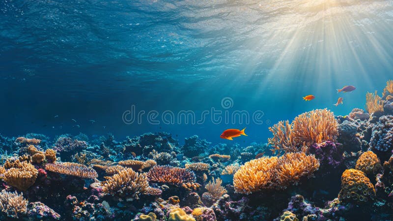 Corals and Fish in an Underwater Panorama Stock Image - Image of ...