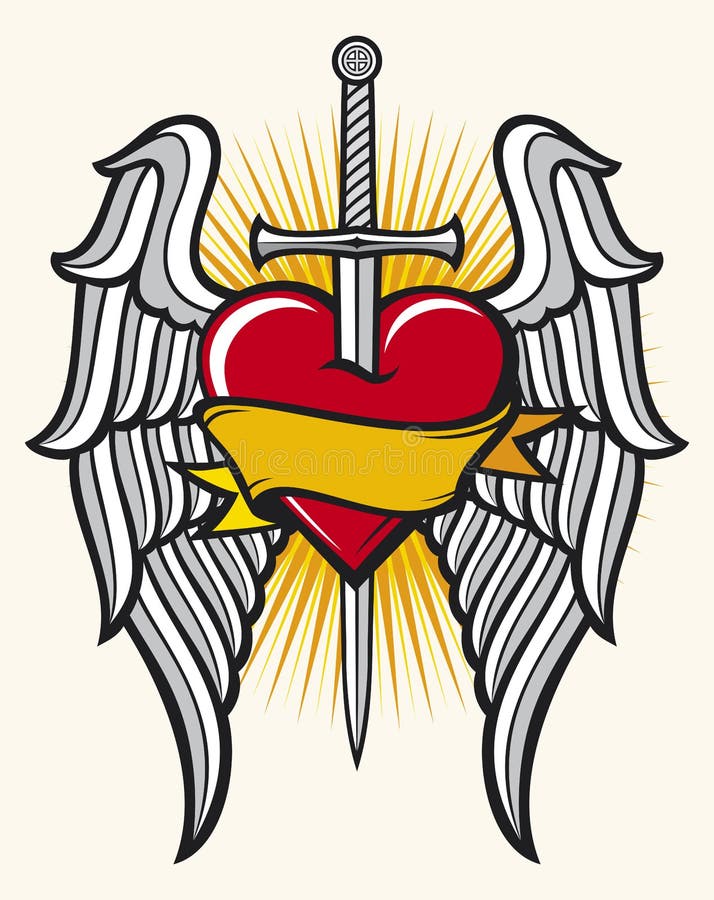 Corazón, espada y alas ilustración del vector. Ilustración de pluma ...