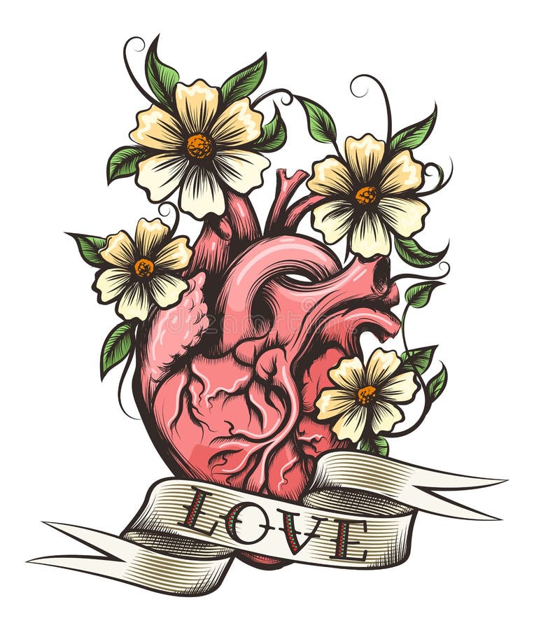 Corazón Humano De Dibujo Con Las Flores Stock de ilustración ...