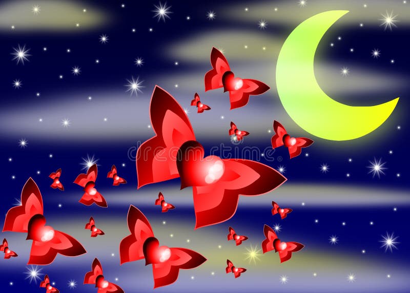 Luna Y Dos Corazones En Las Nubes Ilustración del Vector - Ilustración ...