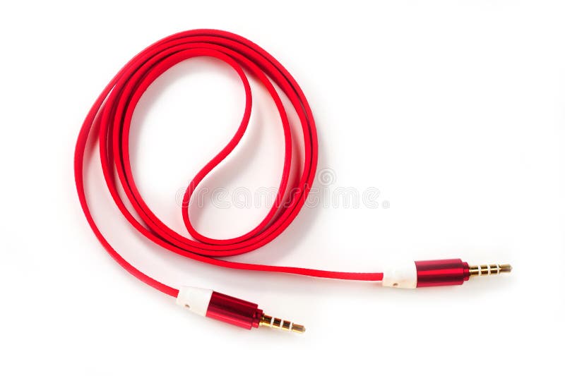 A Cord with a 3.5mm Bright Red Connector on a White Background Stock ...