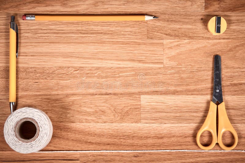 Cord, String, Pencil, Pen and Sharpener on Brown Wooden Table Stock ...