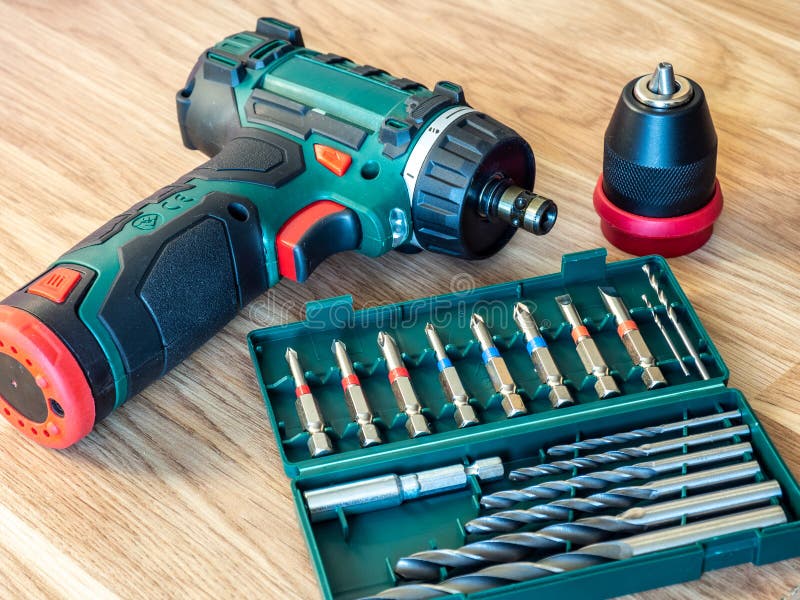 Cordless Drill Driver with Bits and Drill Bits Stock Photo - Image of ...