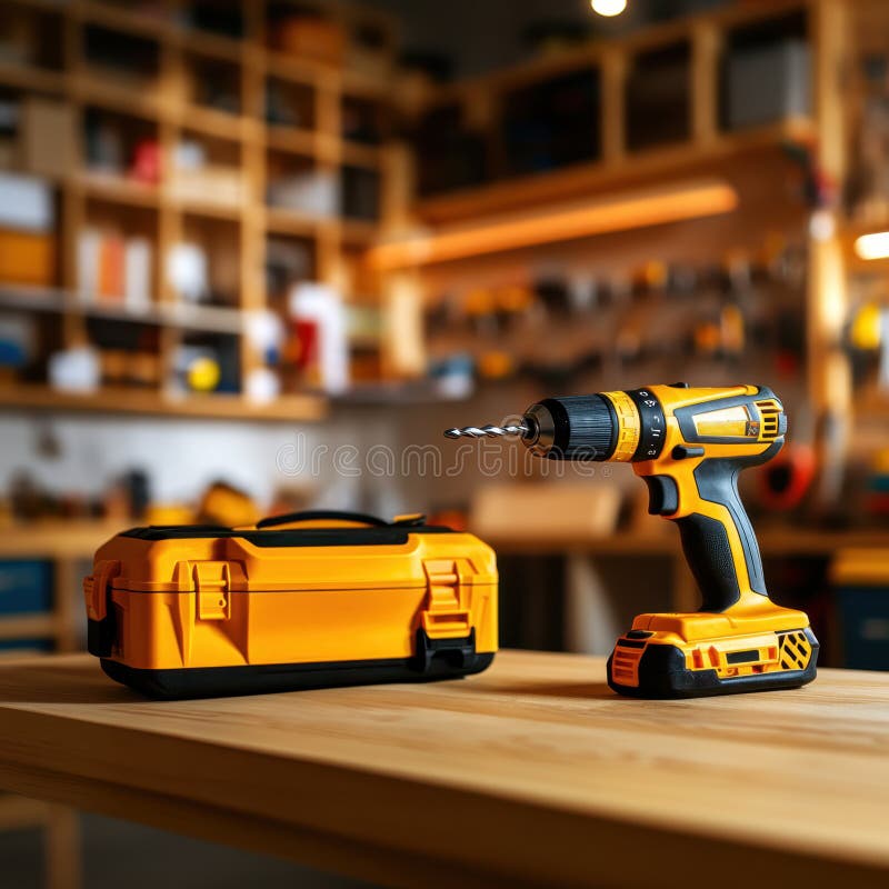 Cordless Drill-driver in the Workshop on a Wooden Table. Tool with ...