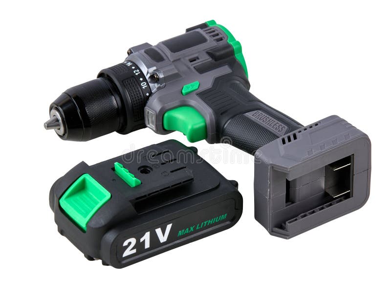 Cordless Electric Drill with 21V Lithium Battery Isolated on White ...
