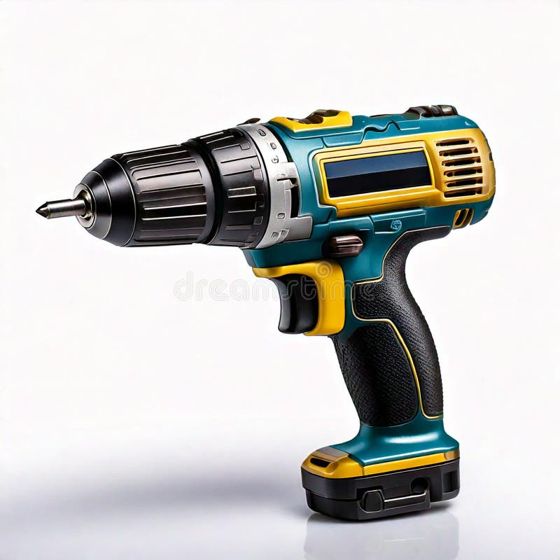 Cordless Power Drill Standing Upright on White Background Stock ...