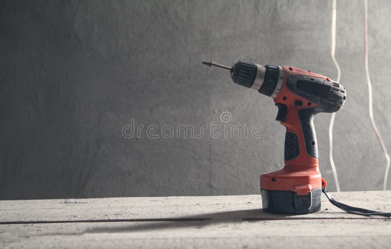 Cordless Screwdriver on Wooden Table. Construction Tool Stock Image ...