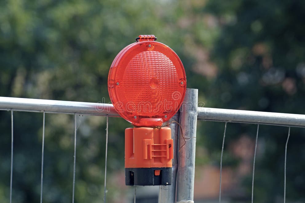 Cordon with Warning Lights at a Construction Site. Stock Photo - Image ...