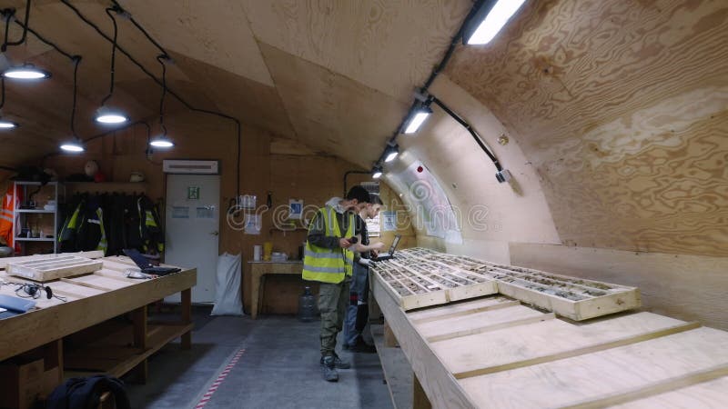 Core Logging and Sampling in a Small Room at the Gold Mine Site. Stock ...