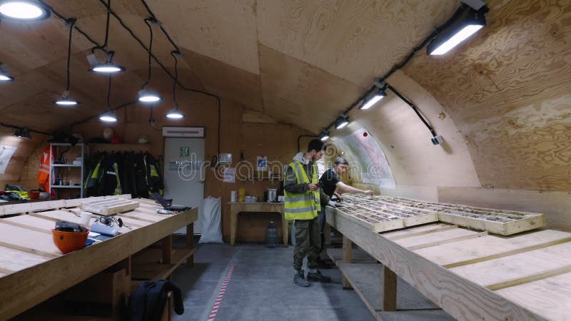 Core Logging and Sampling in a Small Room at the Gold Mine Site. Stock ...