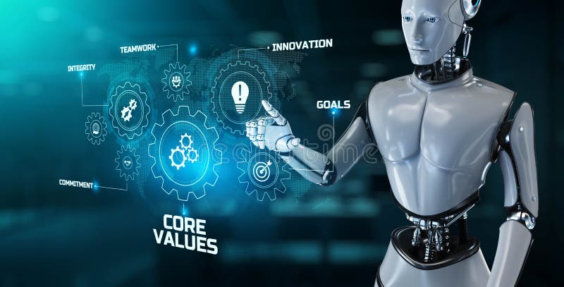 Core Value Innovation Technology. Robot Pressing Button on Screen 3d ...
