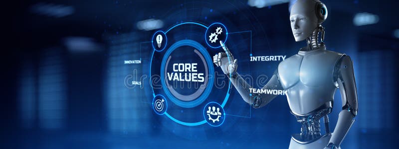 Core Value Innovation Technology. Robot Pressing Button on Screen 3d ...