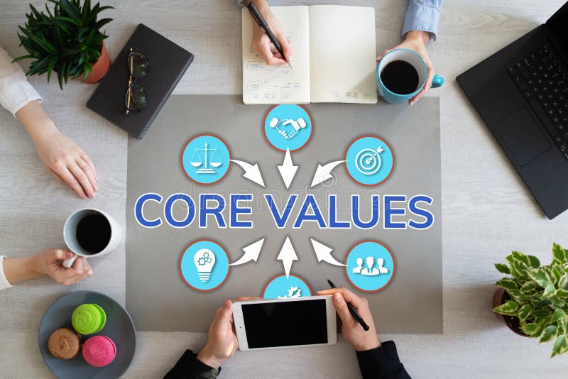 Core Values. Business People Teamwork in Office. Wooden Table Top View ...