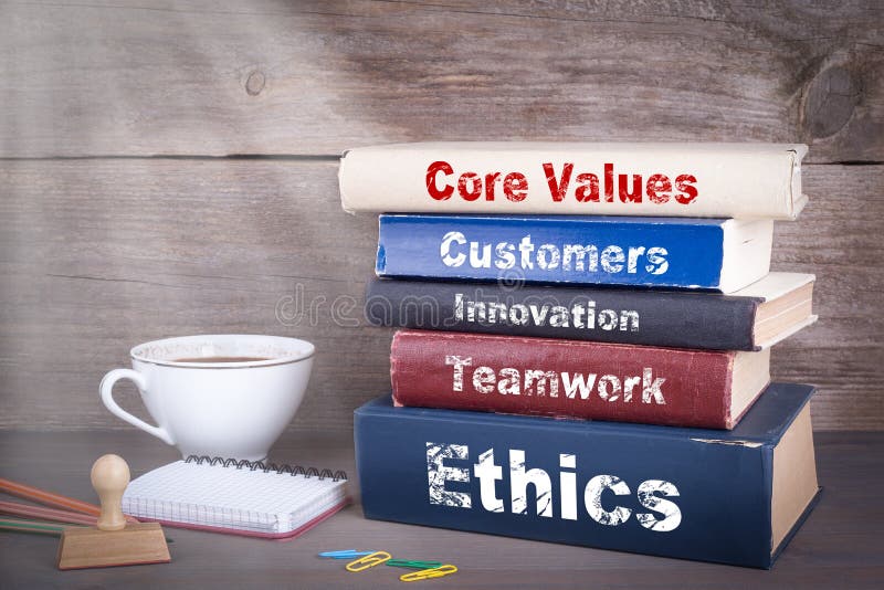 Core Values Concept. Stack of Books on Wooden Desk Stock Photo - Image ...