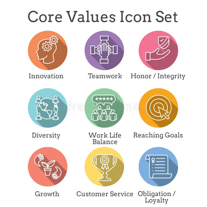 Core Values Icon Set with Teamwork, Work Life Balance with Diversity ...