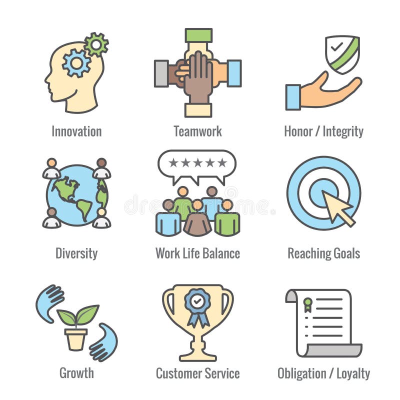 Core Values Icon Set with Teamwork, Work Life Balance & Diversity Icons ...