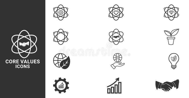 Core Values Icons Set. Innovation, Integrity, Customers Motivation ...