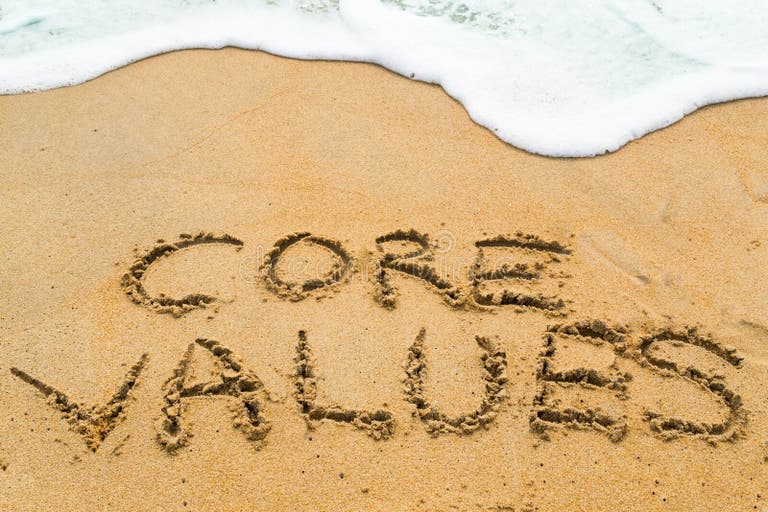CORE VALUES Inscription Written on Sandy Beach with Wave Approac Stock ...