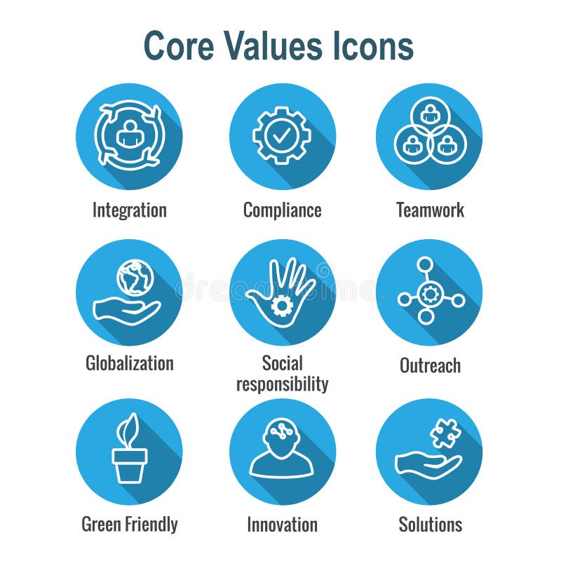 Core Values - Mission, Integrity Value Icon Set with Vision, Hon Stock ...