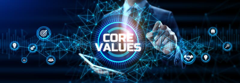 Core Values Responsibility Innovation. Businessman Pressing Button on ...