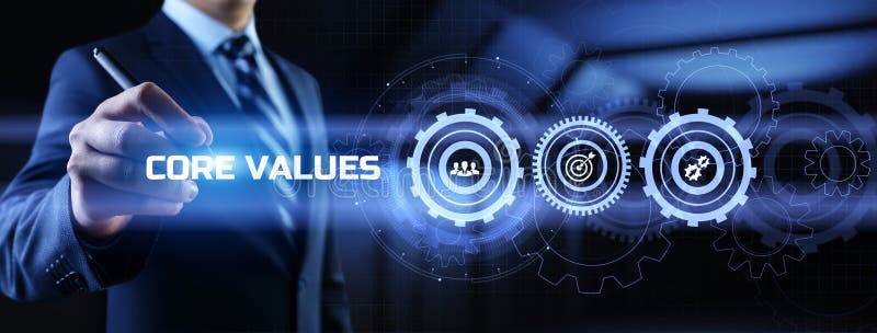 Core Values Responsibility Innovation. Businessman Pressing Button on ...