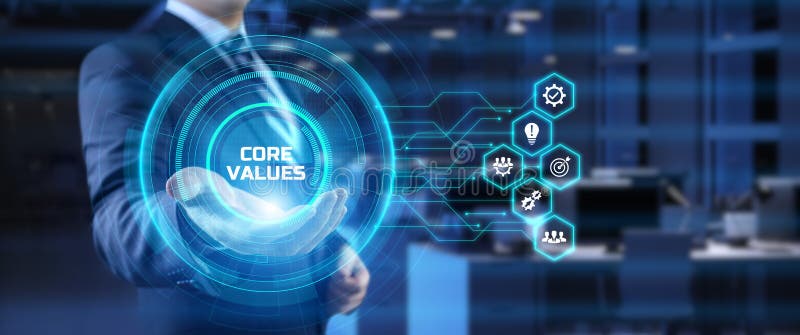 Core Values Responsibility Innovation. Businessman Pressing Button on ...