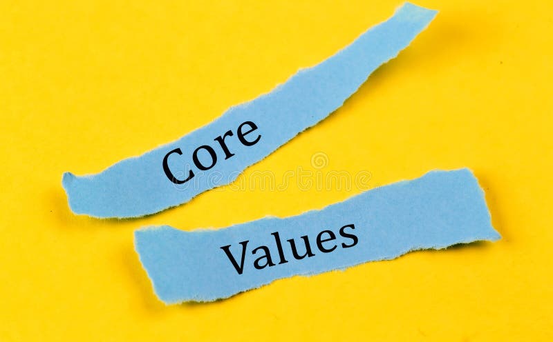 CORE VALUES Text on a Blue Pieces of Paper on Yellow Background ...
