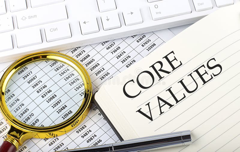 CORE VALUES Text on Notebook with Chart, Magnifier,keyboard and Pen ...